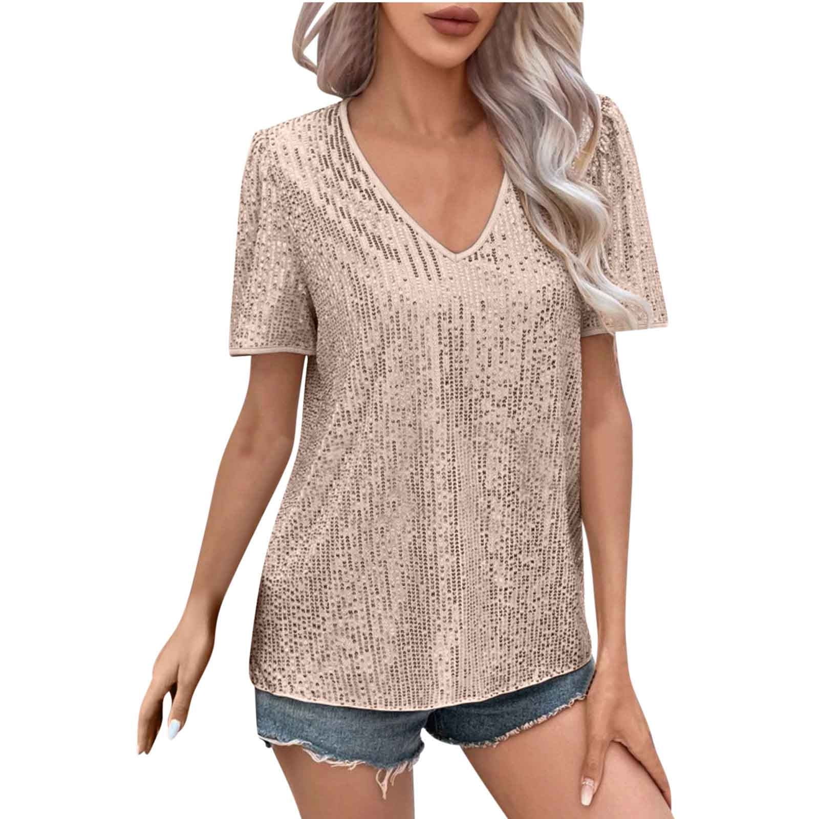 Puntoco Women Sequin Tops Summer V Neck Short Sleeve Tees Sexy Sparkle ...