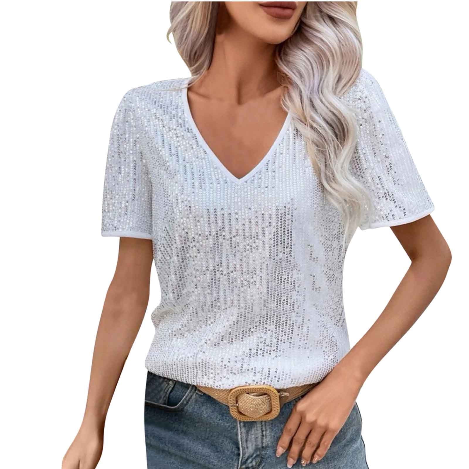 Puntoco Clearance Women Sequin Tops Summer V Neck Short Sleeve Tees ...