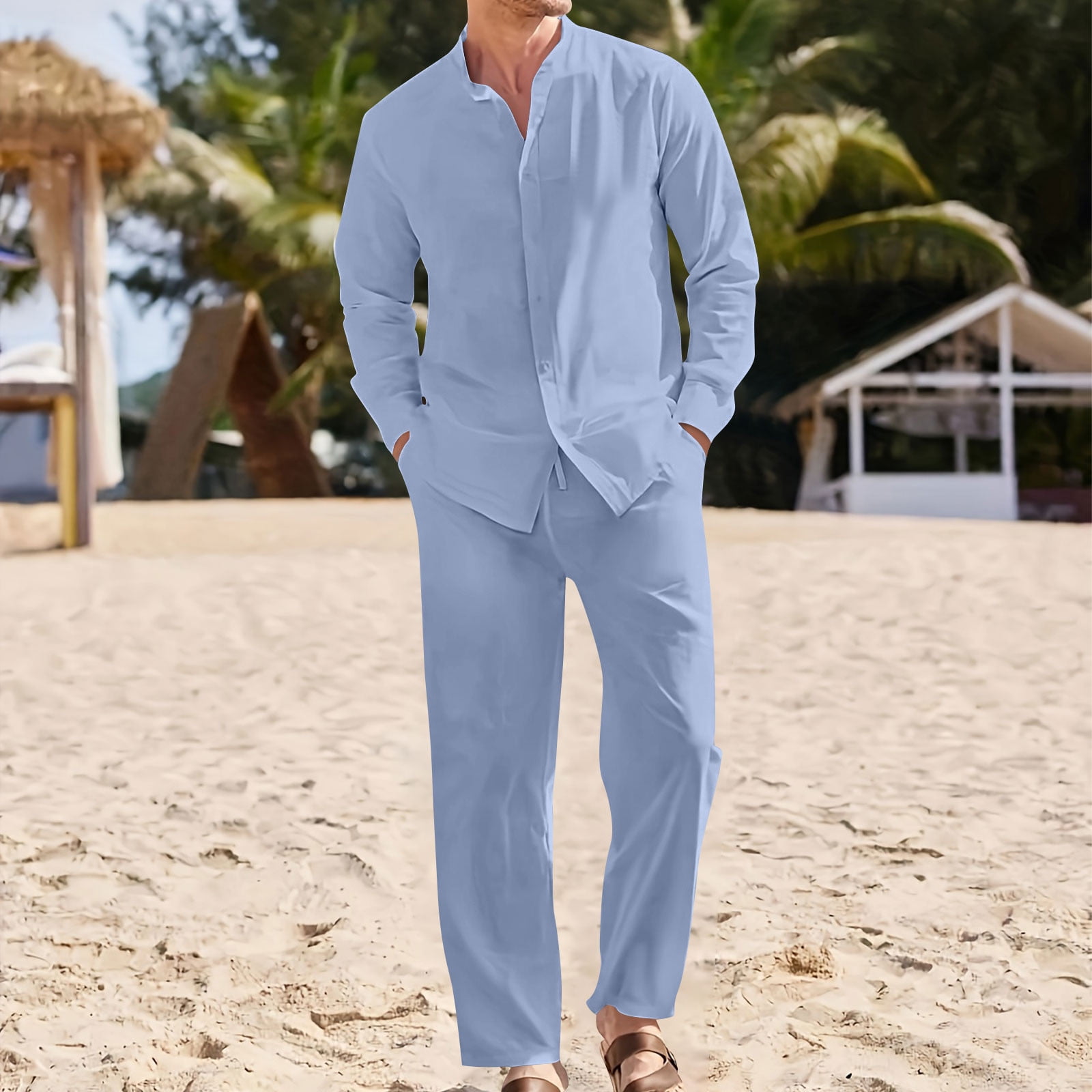 Puntoco Men 2 Piece Linen Set Outfits Drawstring Long Pants Button Down ...