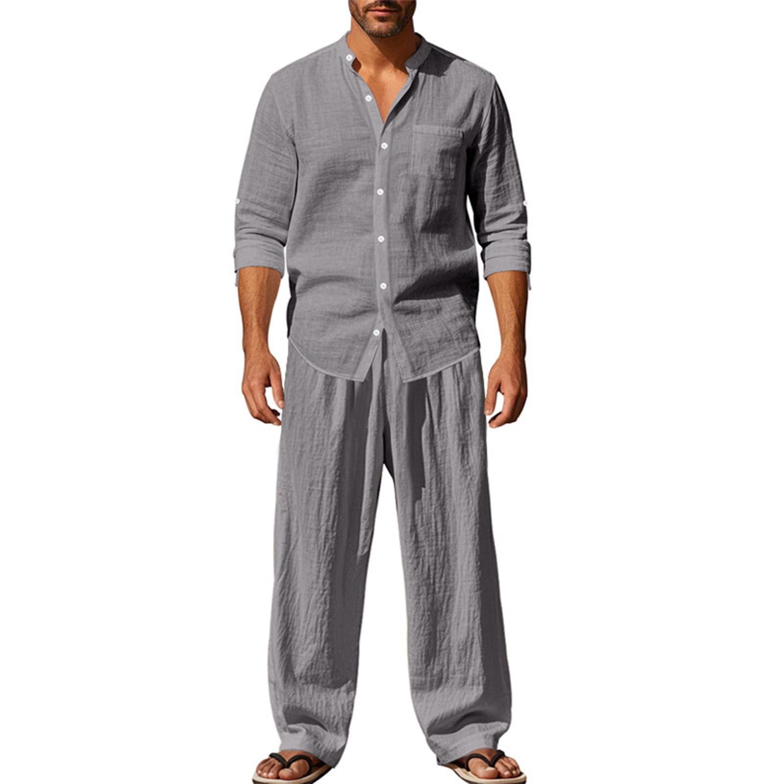 Puntoco Men's 2 Piece Linen Suit Long Sleeve Button Down Shirt and ...