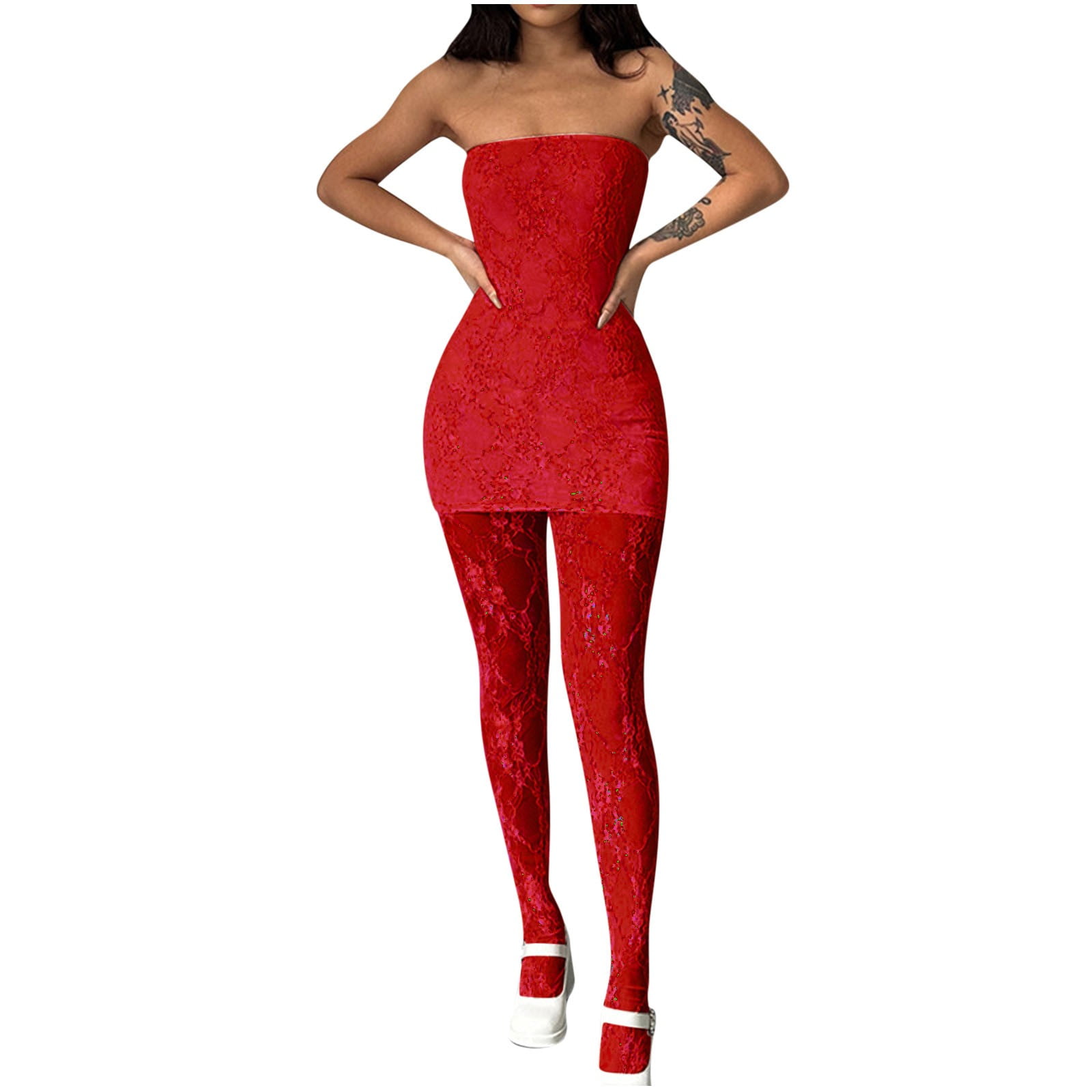 Puntoco Plus Size Women Lace Wrapped Chest Dress Fitted with Stockings ...