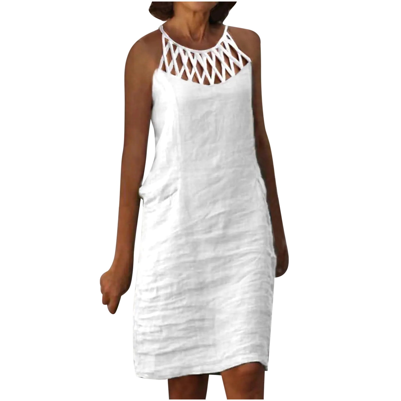 Puntoco Plus Size Women's Loose Sleeveless Solid Knee-High Dress Long ...
