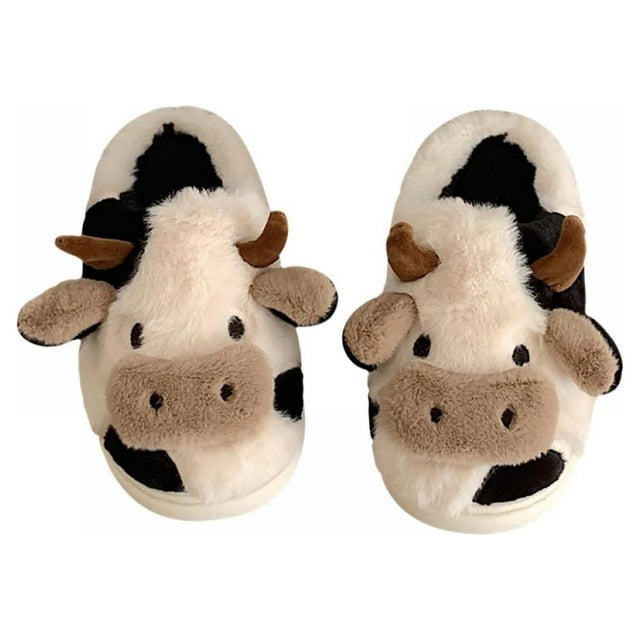 Puntoco Women's Cartoon Cow Cotton Slippers, Winter Indoor Outdoor Shoes with Rubber Sole, White ...