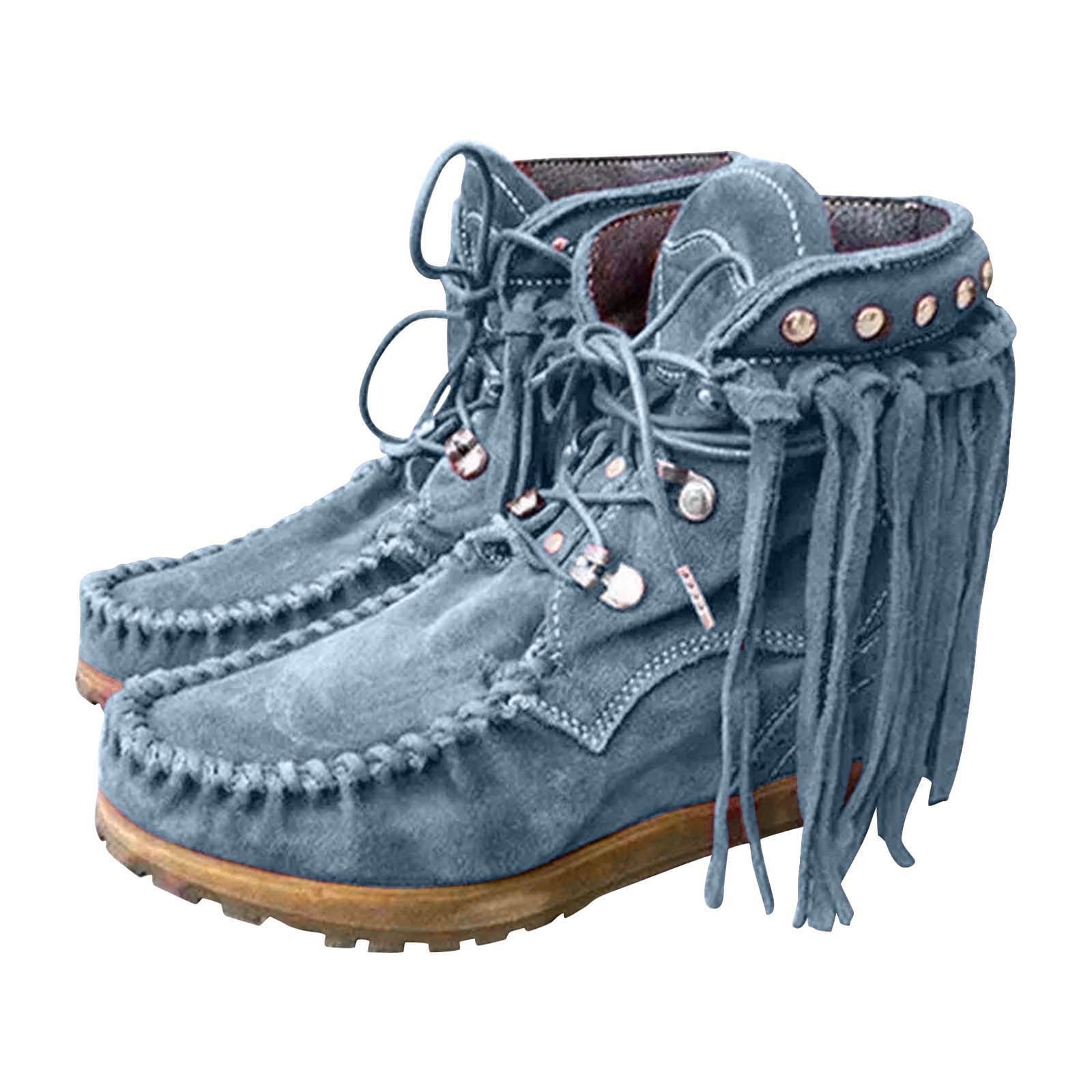 Puntoco Women's Low Booties Block, Winter Flat Heel Round Toe Fringed ...