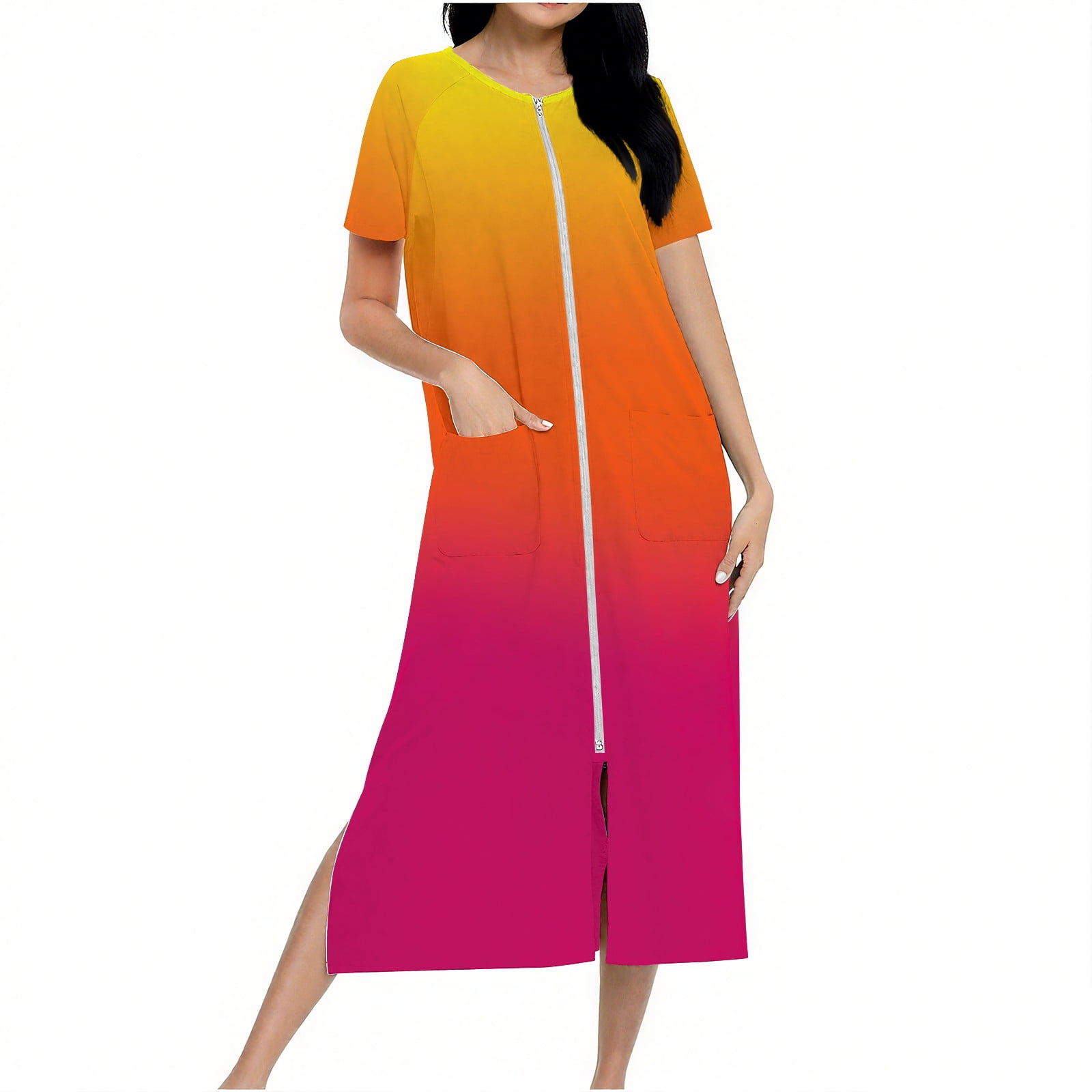 Puntoco Women Zipper Robe 3/4 Sleeves Loungewear Dress Full Length ...