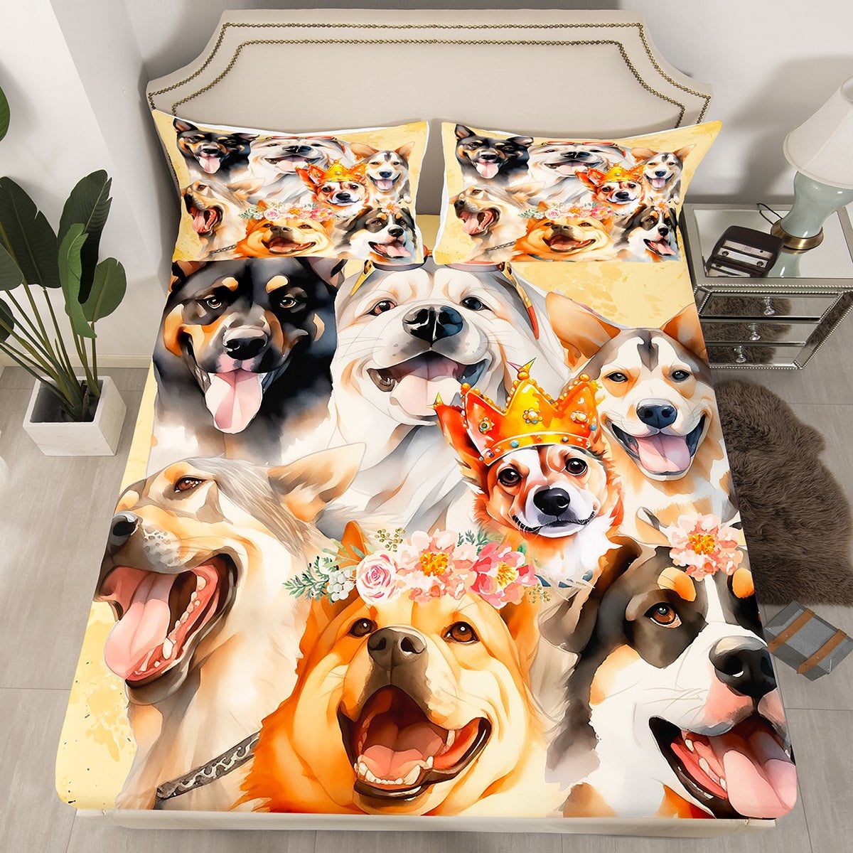 Pup Dog Fitted Sheet Watercolor Oil Painting Bed Sheets Full,Cute ...