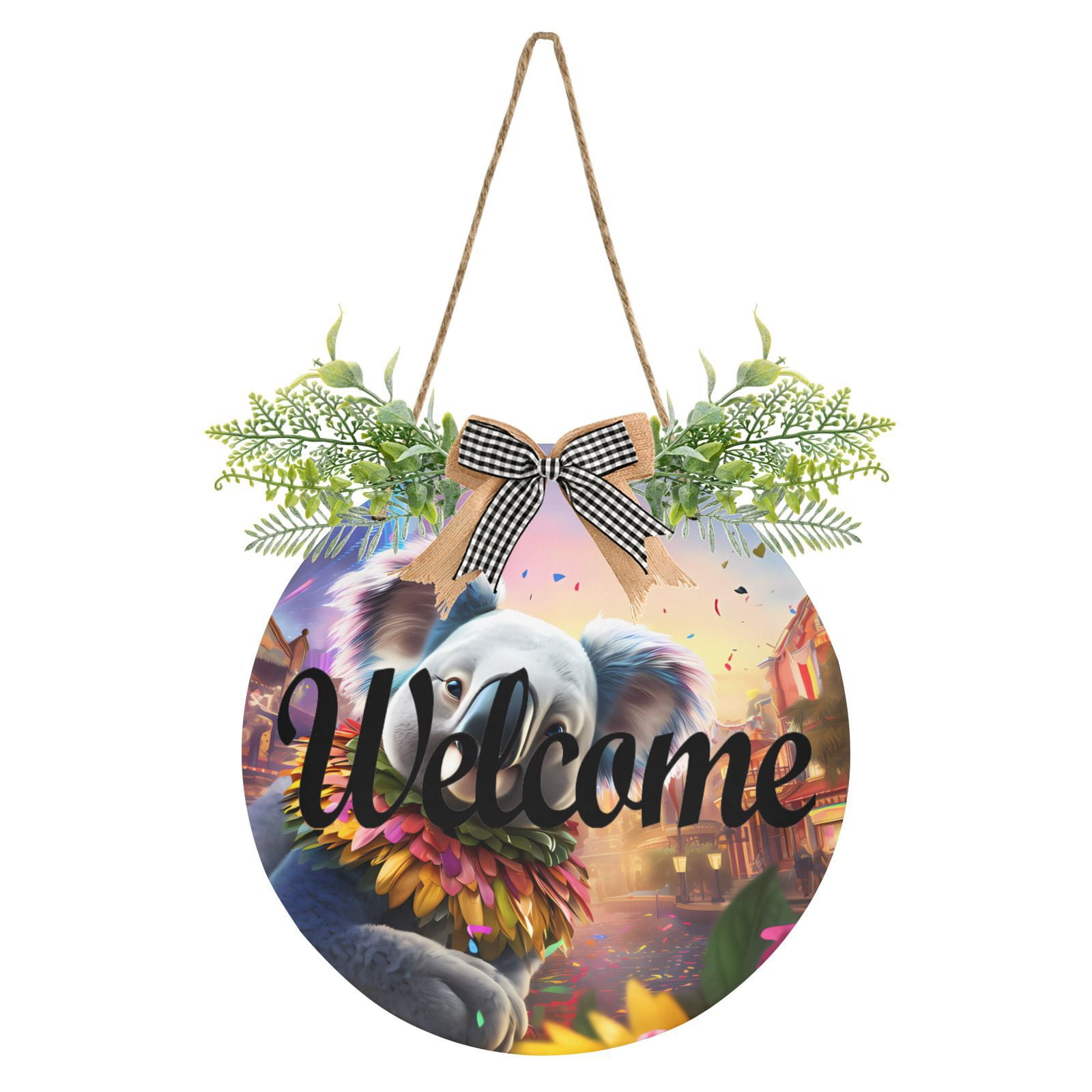 Puppet Bear Flowers Houses Welcome Sign for Front Door Wreath Door Sign ...