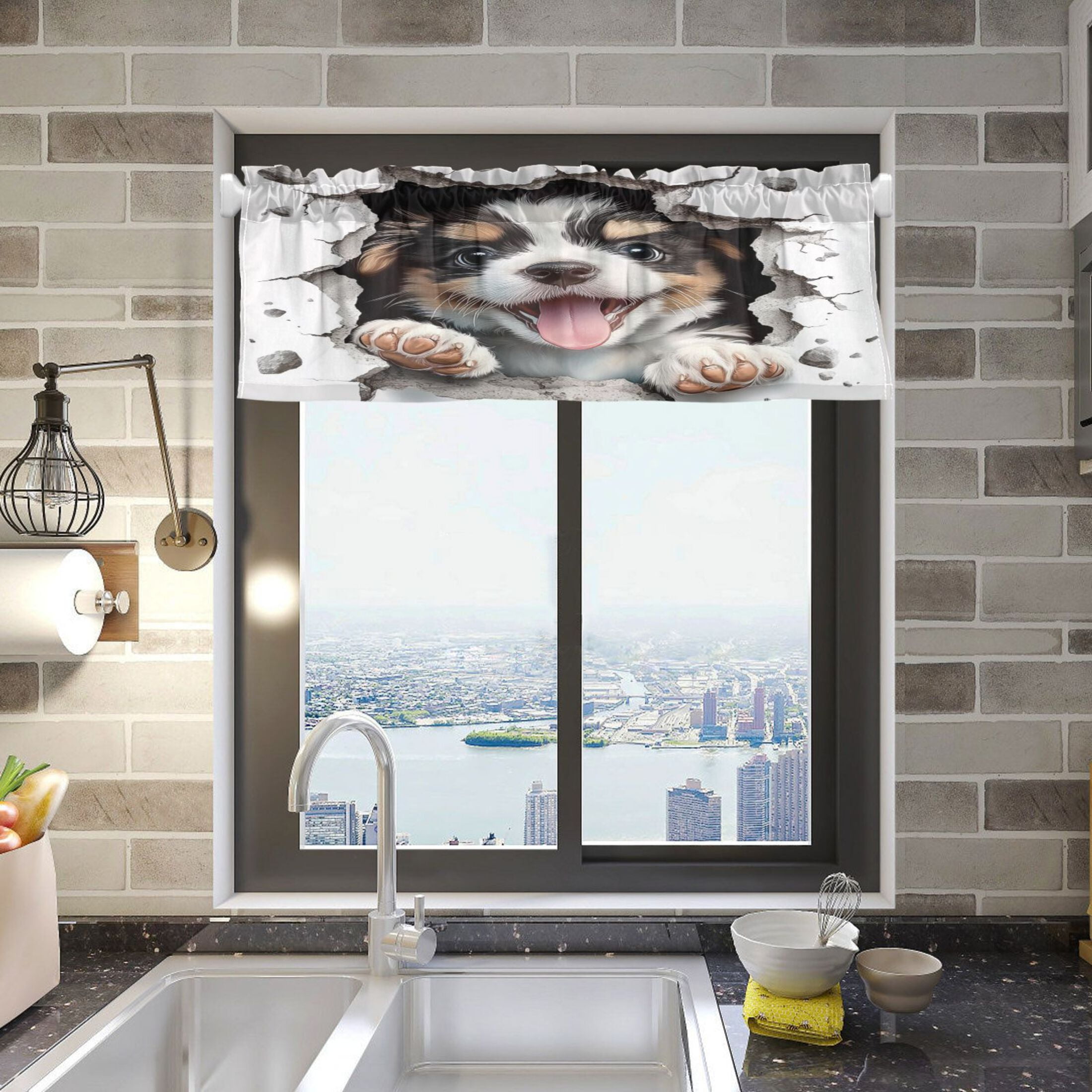 Puppy Breaking Through The Wall Curtain Valances Window Treatment Rod ...