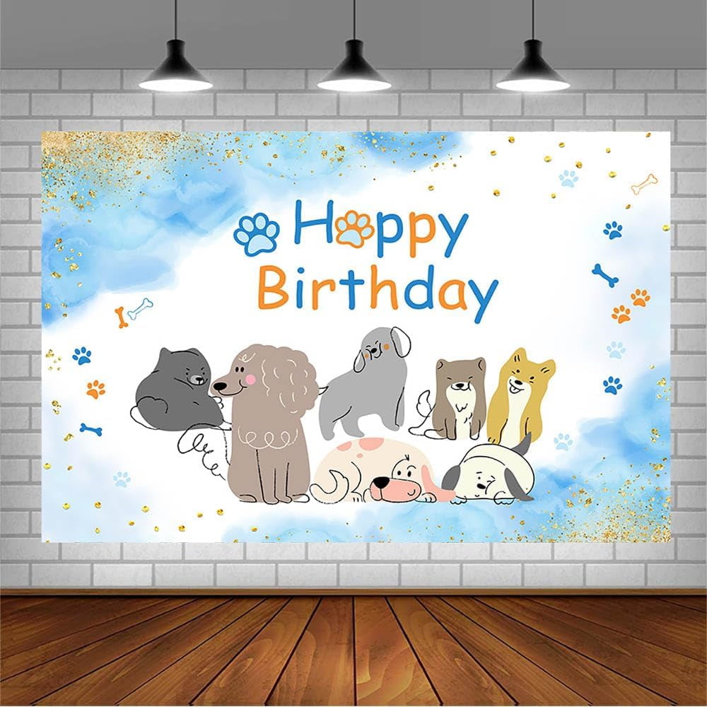 Puppy Dog Happy Birthday Themed Backdrop Let's Paw-ty Doggy Pet Blue ...