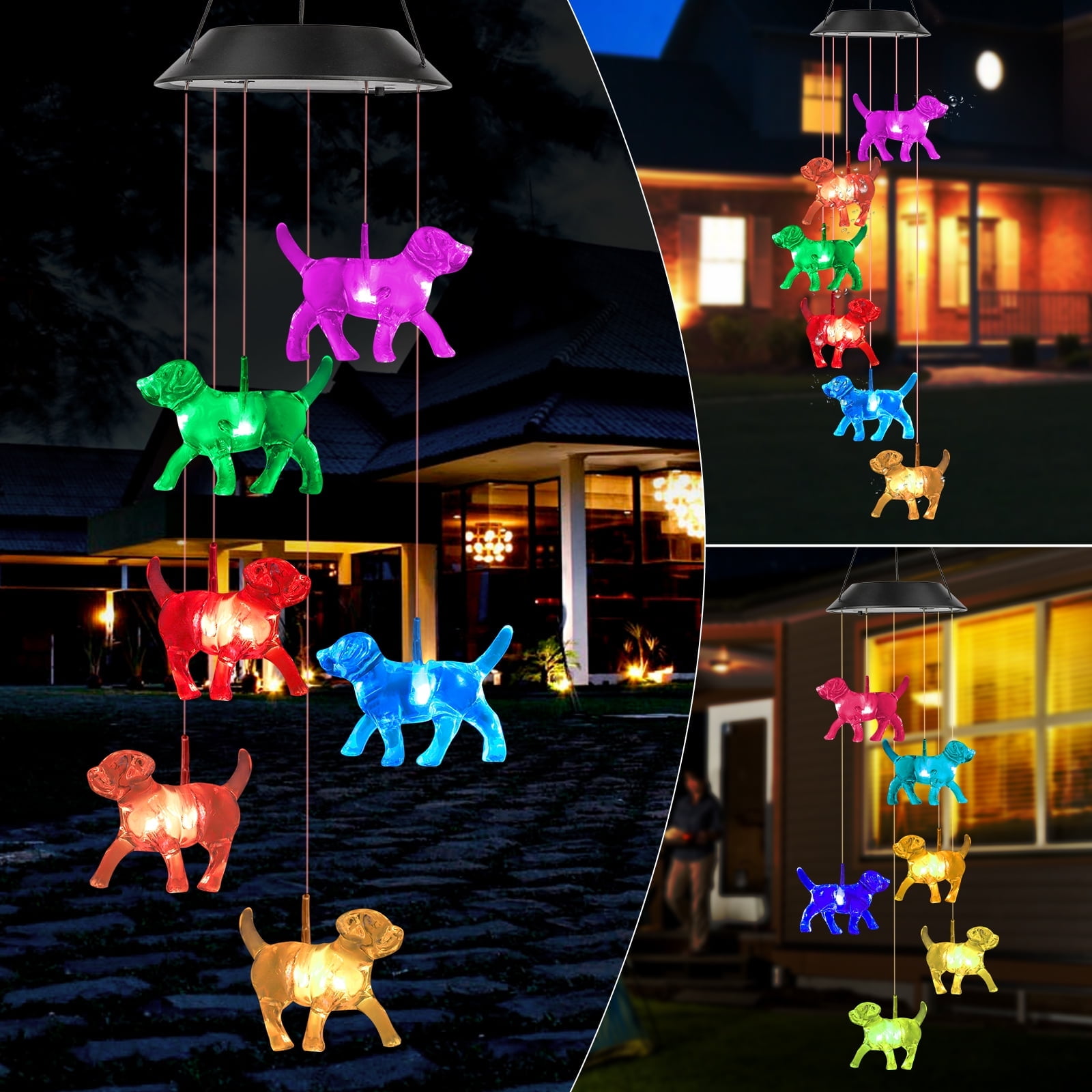 Puppy Solar Powered Wind Chimes - Waterproof Changing Color Dogs Wind ...