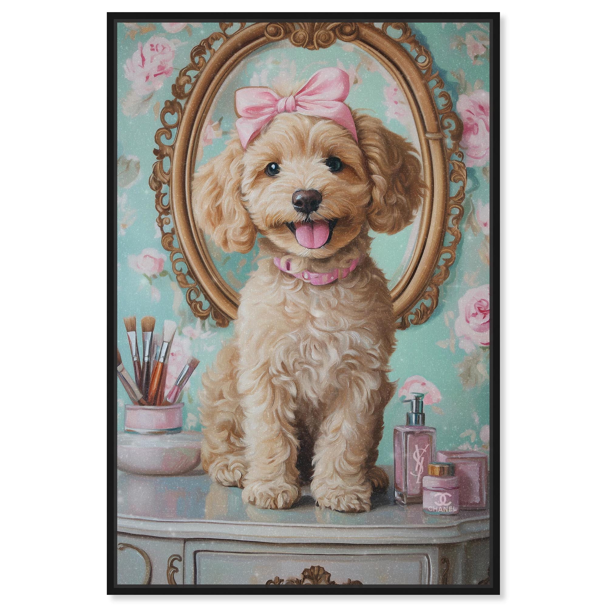 Puppy at the Vanity Canvas Cute Pets Art Prints by Art Remedy, Black ...