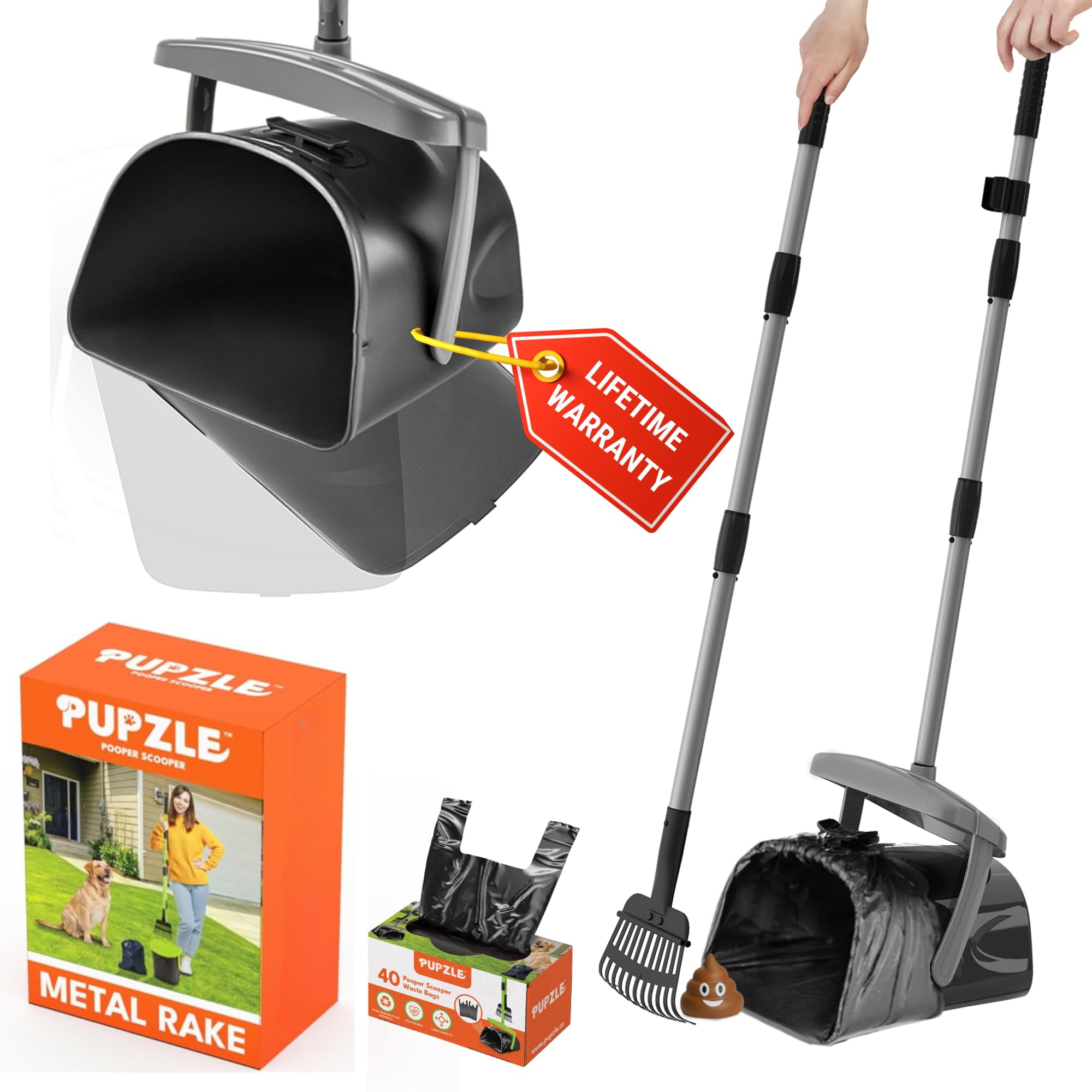 Pupzle Dog Pooper Scooper with Bag AD01 Attachment, 40" Handle Pooper ...