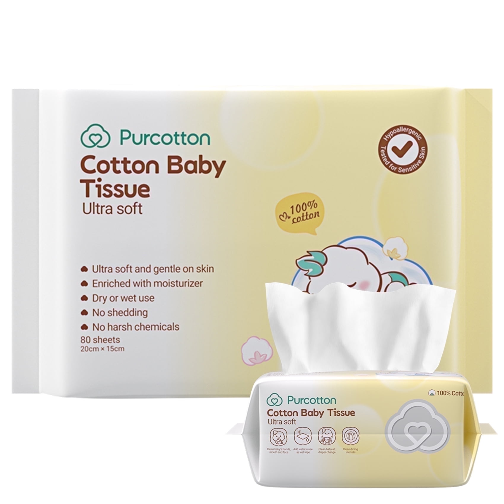 PurCotton 100% USA Cotton Facial Tissues, Wet and Dry Use, Unscented, 1 ...