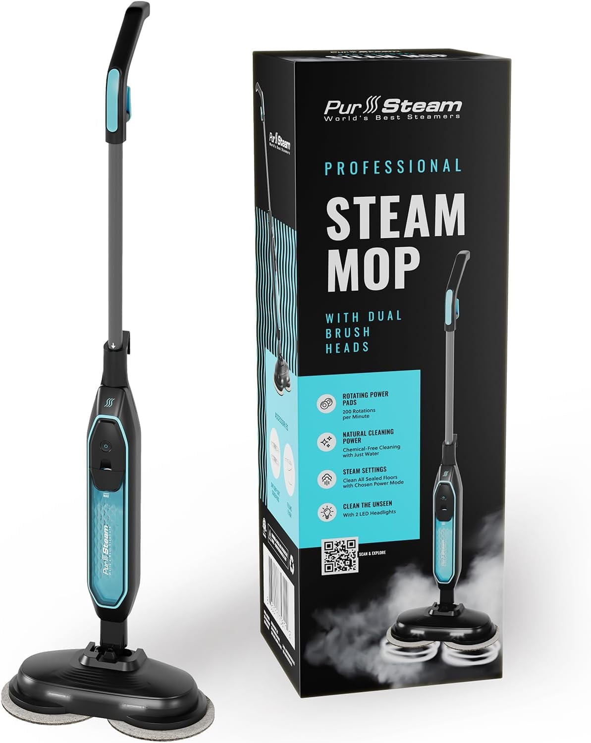 Pursteam ScrubMaster Steam Mop with Dual Scrubbing Head, LED Headlights ...
