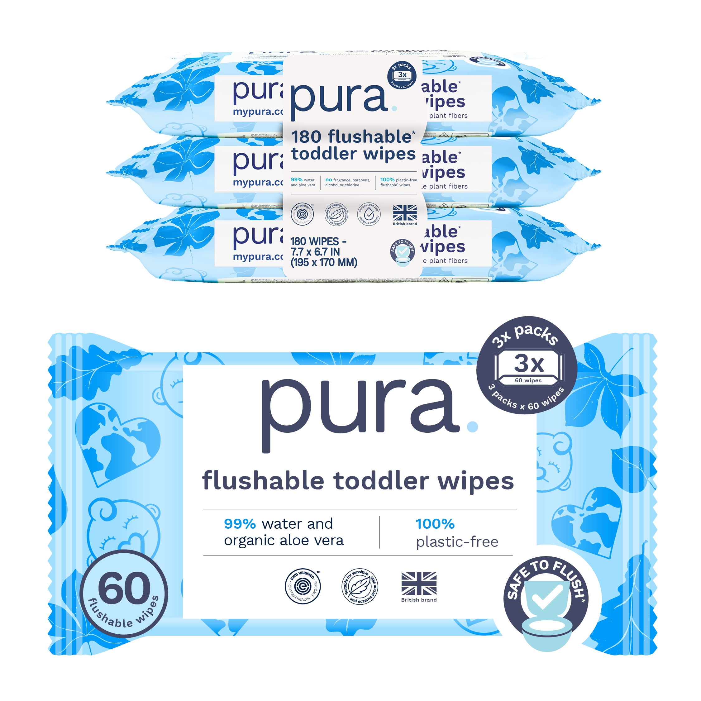 Pura Flushable Toddler Wipes Fragrance Free EWG Verified Plastic Free ...