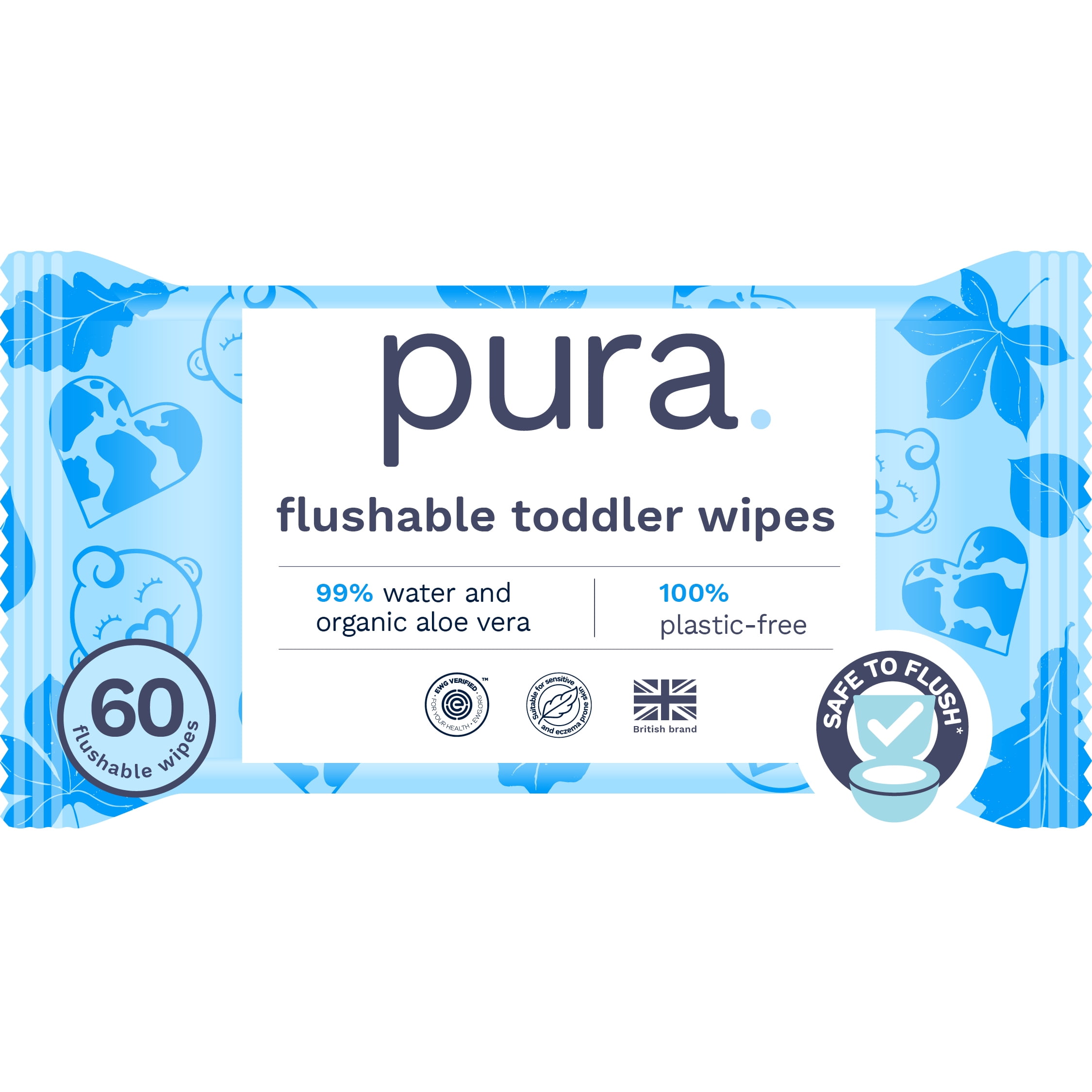 Pura Flushable Toddler Wipes Fragrance Free EWG Verified Plastic Free ...