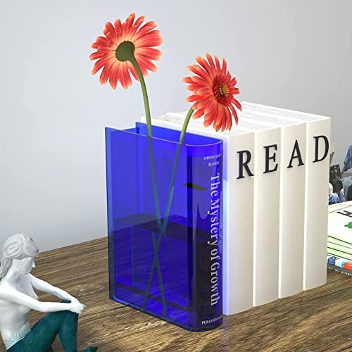 Puransen Blue Bookend Vase for Flowers - Cute Bookshelf Decor & Study Desk Aesthetic - Modern ...