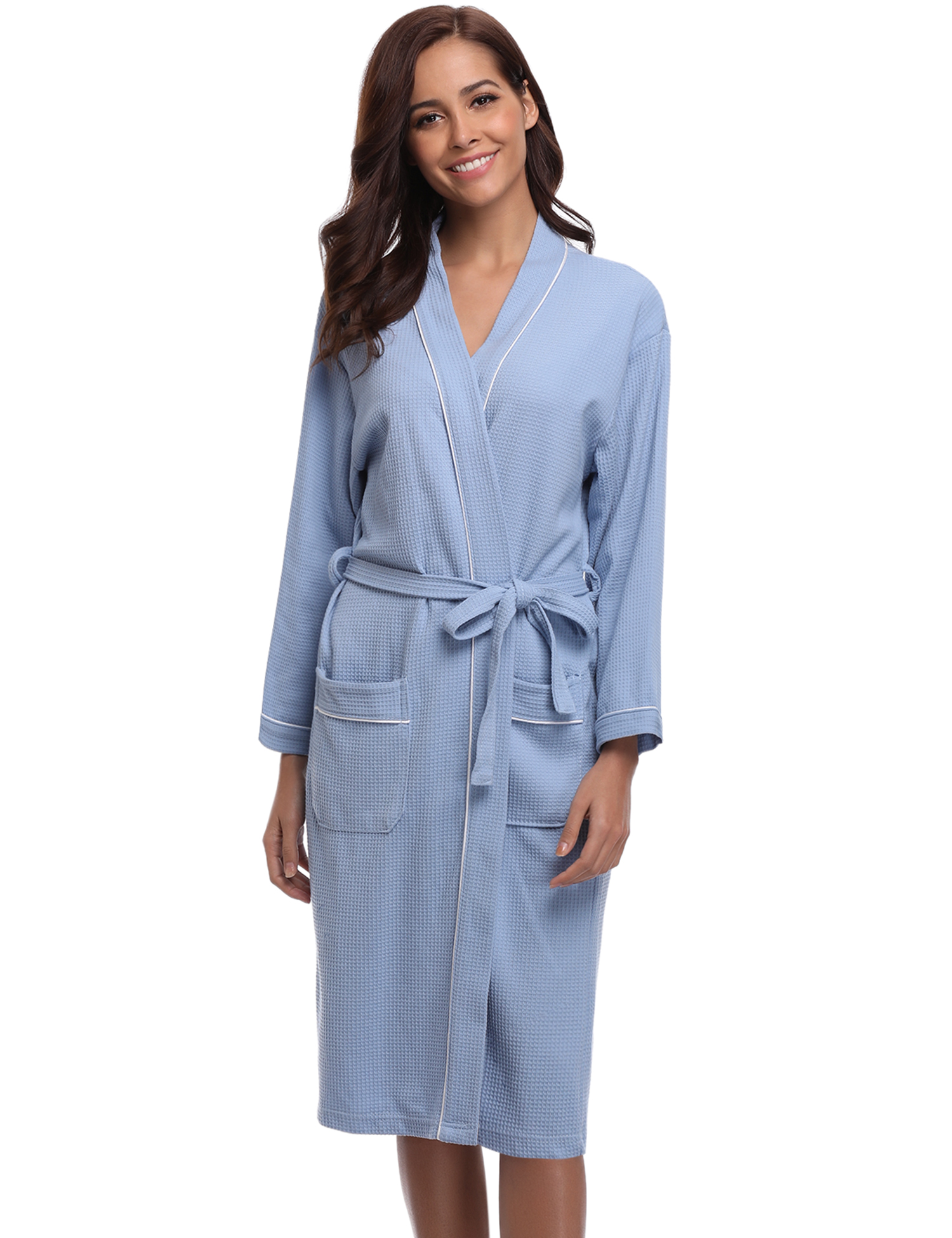 Purcoar Women Knitted Waffle Bathrobe Knee Lenghth Bath Gown Spa Robe ...