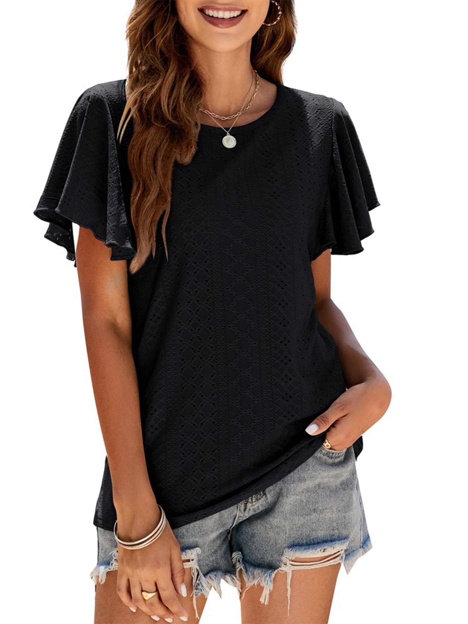 Purcoar Womens Ruffle Blouses Summer Shirts Short Sleeve Knit Tops ...