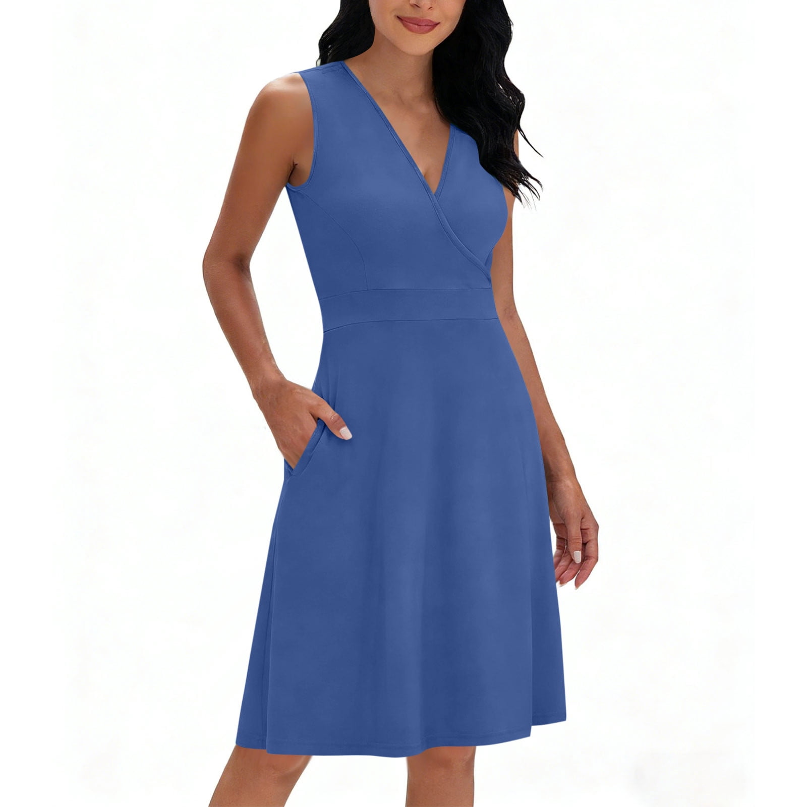 Purcolt Women's Flared Midi Dress Elegant V Neck Sleeveless Swing Dress ...