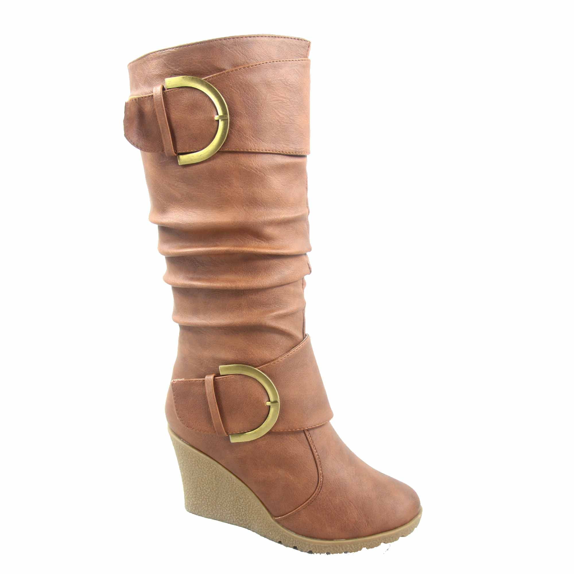 Top Moda Women's Boots Round Toe Slouch Large Buckle Wedge Mid Calf, 3 ...