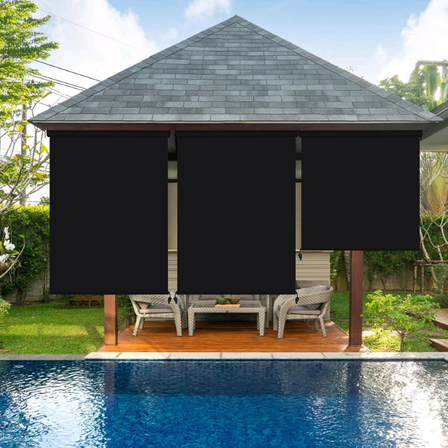 Pure Black Outdoor Roller Shade Window Blinds, 48" W X 79" H, Blackout ...