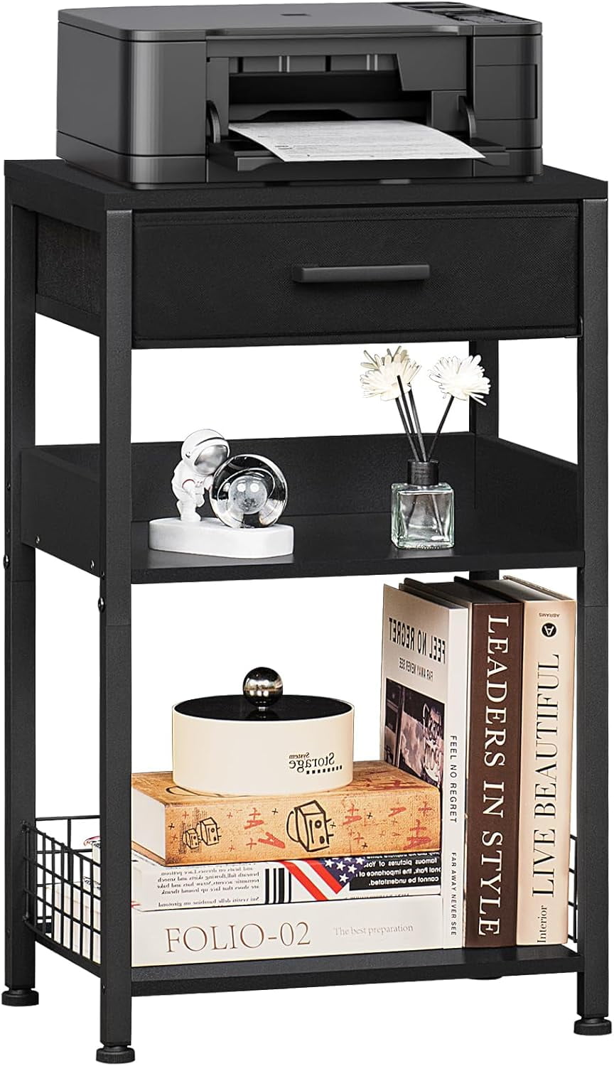 Pure Black Printer Table with Fabric Drawer,3 Tier Industrial Wood ...