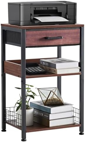 Pure Black Printer Table with Fabric Drawer,3 Tier Industrial Wood ...