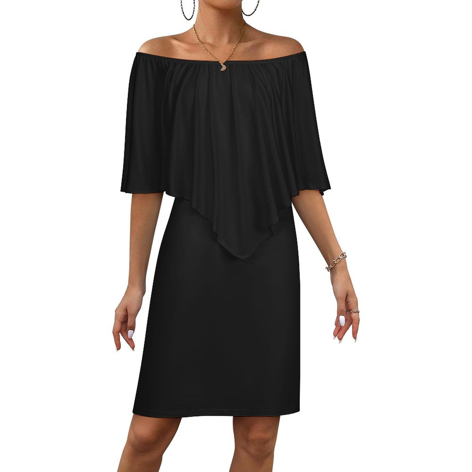 Pure Black Women's Off The Shoulder Ruffles Summer Wedding Guest Loose ...