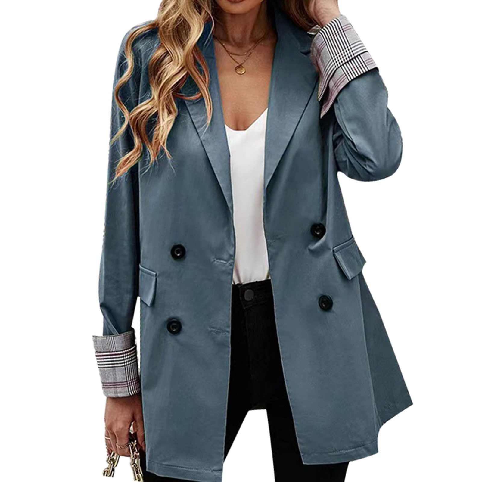 Pure Color Suit Jacket with Plaid Rolled Cuffs for Women - Walmart.com