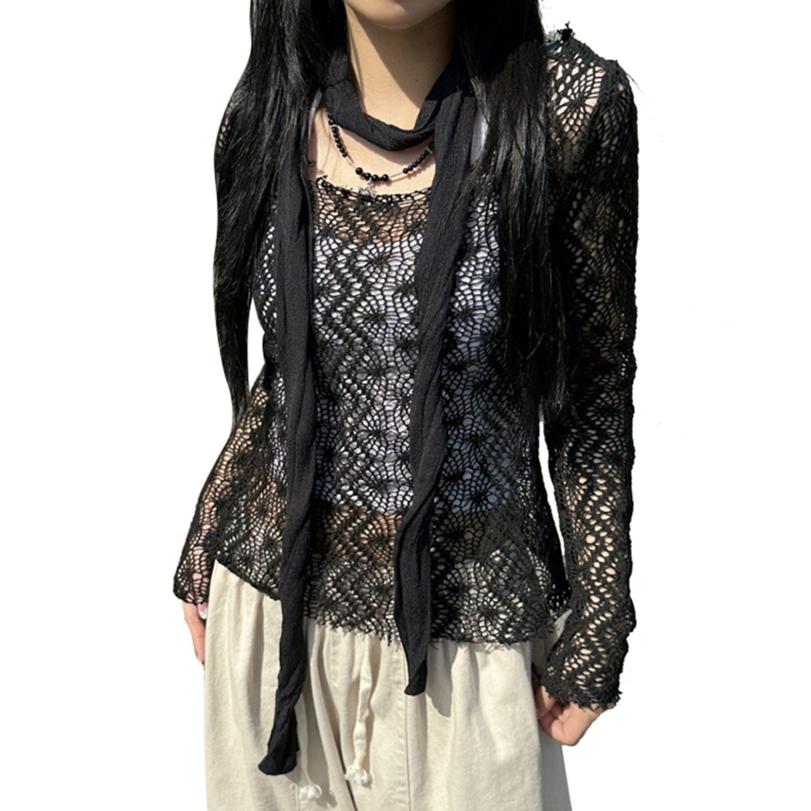 Pure Color V-Neck Hollow Top with Long Sleeves in Black - A Fashion ...