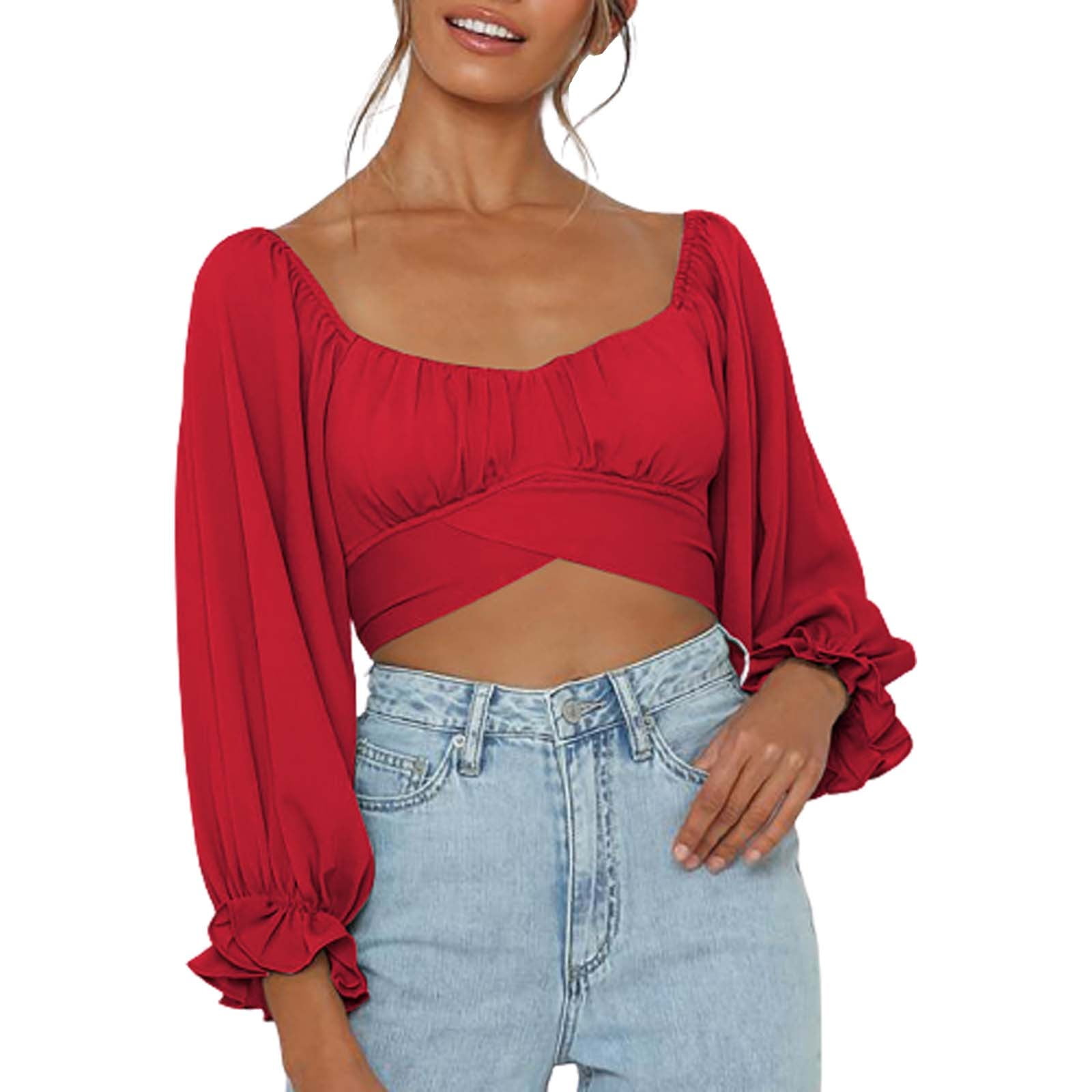 Pure Color Word Collar Umbilical Ultra Long Sleeve Strap Top Top ...