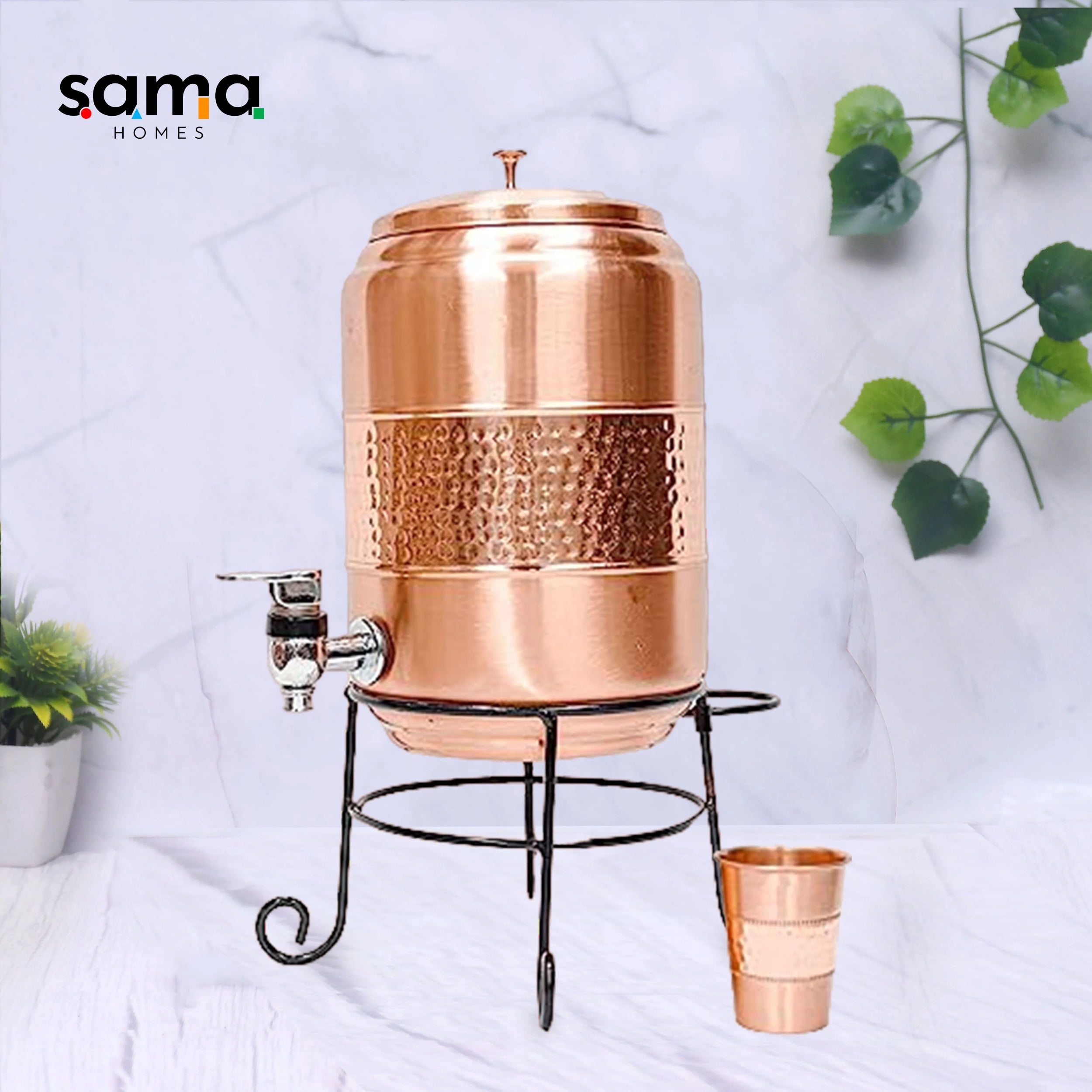 Pure Copper Half Hammered Water Dispenser with Glass and Stand (Matka ...