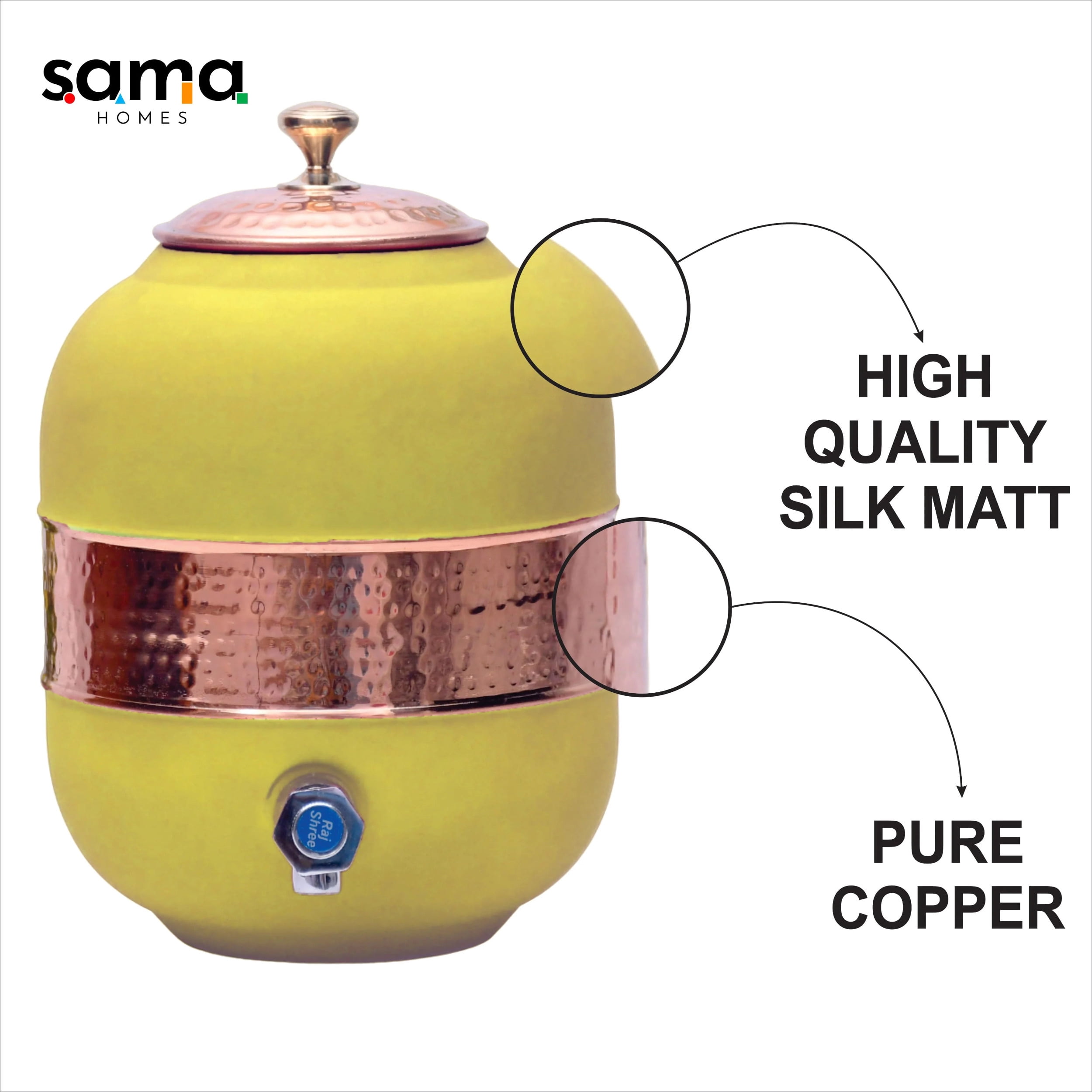 Pure Copper Silk Yellow Half Hammered Water Dispenser (Matka) Capacity ...