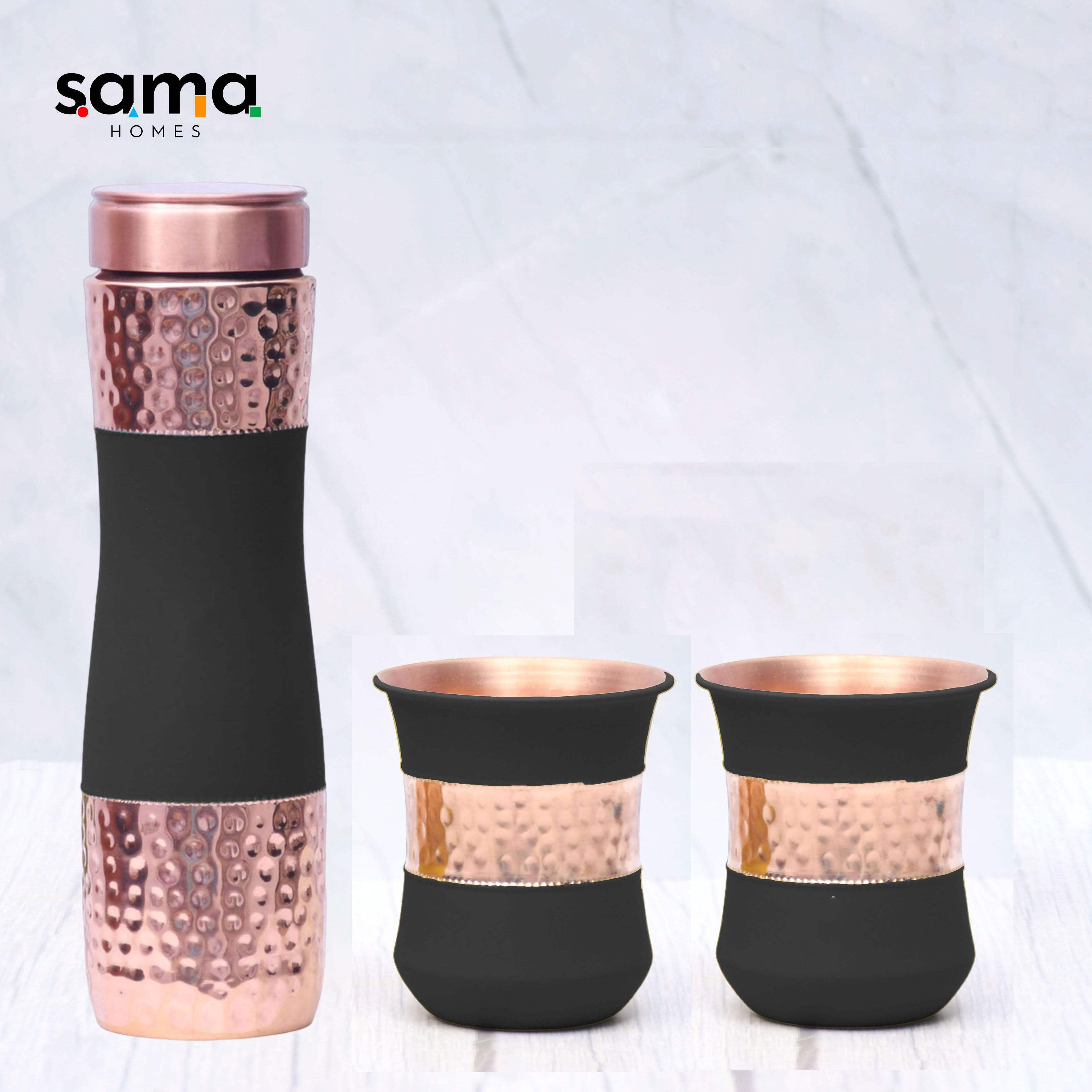 Pure Copper Water Bottle |Silk Black Half Hammered with 2 Dholak ...