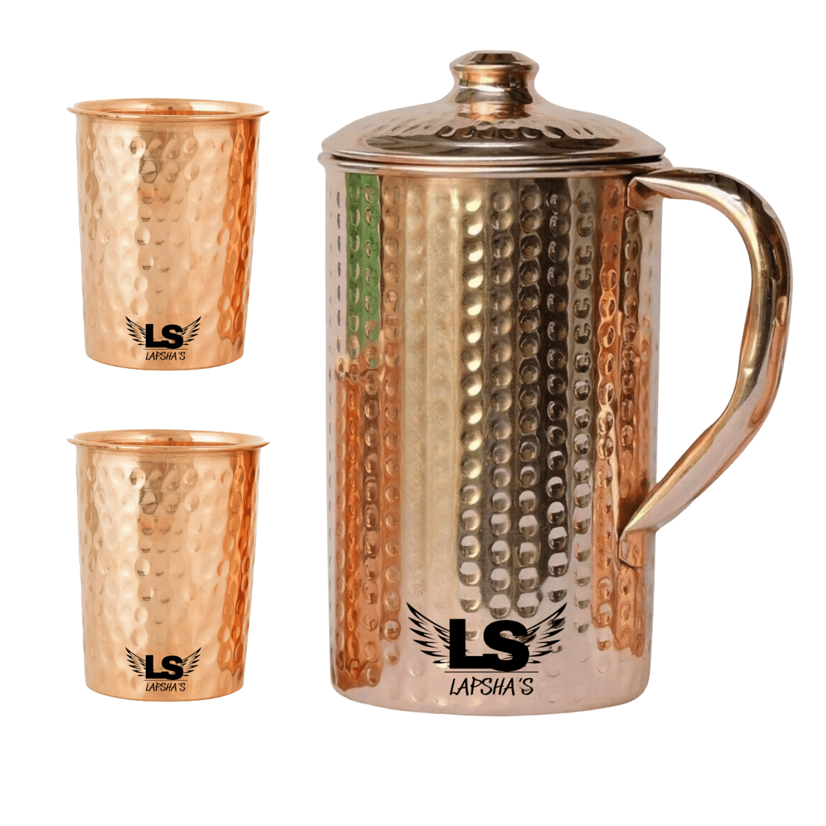Pure Copper Water Jug with 2 Glasses Set – 2 Liter (67.6 oz) Hammered ...