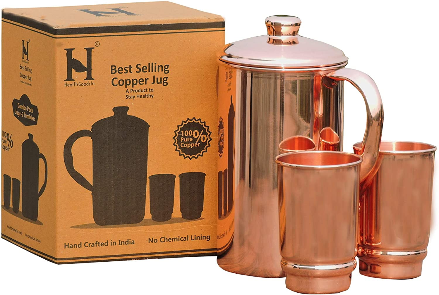 Free Shipping! Pure Copper Water Jug 50.4 fl oz with 2 Copper Tumblers ...