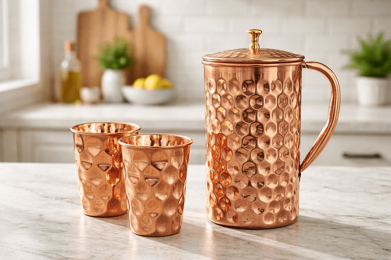 Pure Copper Water Jug with 2 Glasses | Ayurvedic Healthy Drinkware Set ...