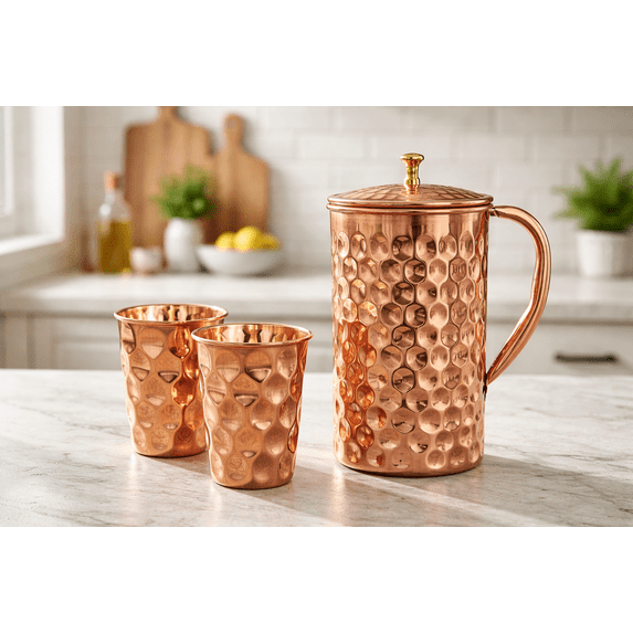 Pure Copper Water Jug with 2 Glasses | Ayurvedic Healthy Drinkware Set ...