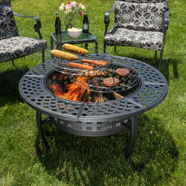 Pure Garden 37” Round Wood Burning Outdoor Fire Pit Table with 2 Grills ...