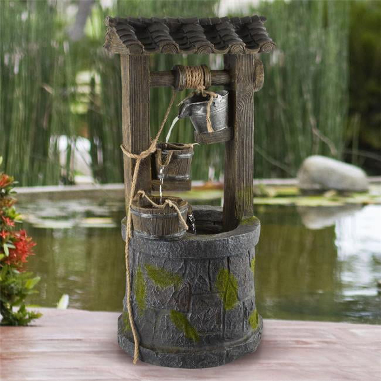 Pure Garden Rustic 4-Tier Polyresin Wishing Well Fountain, Hand Painted ...