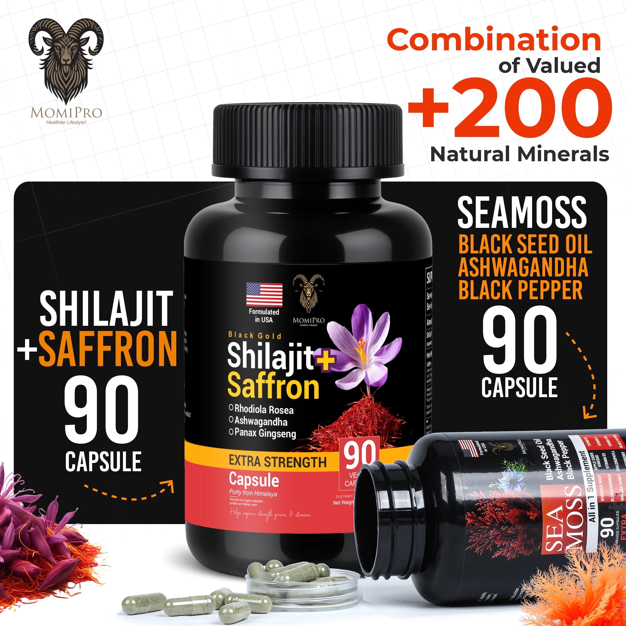Pure Himalayan Saffron Shilajit and Sea Moss for Men & Women-Shilajit Capsules & Sea Moss ...