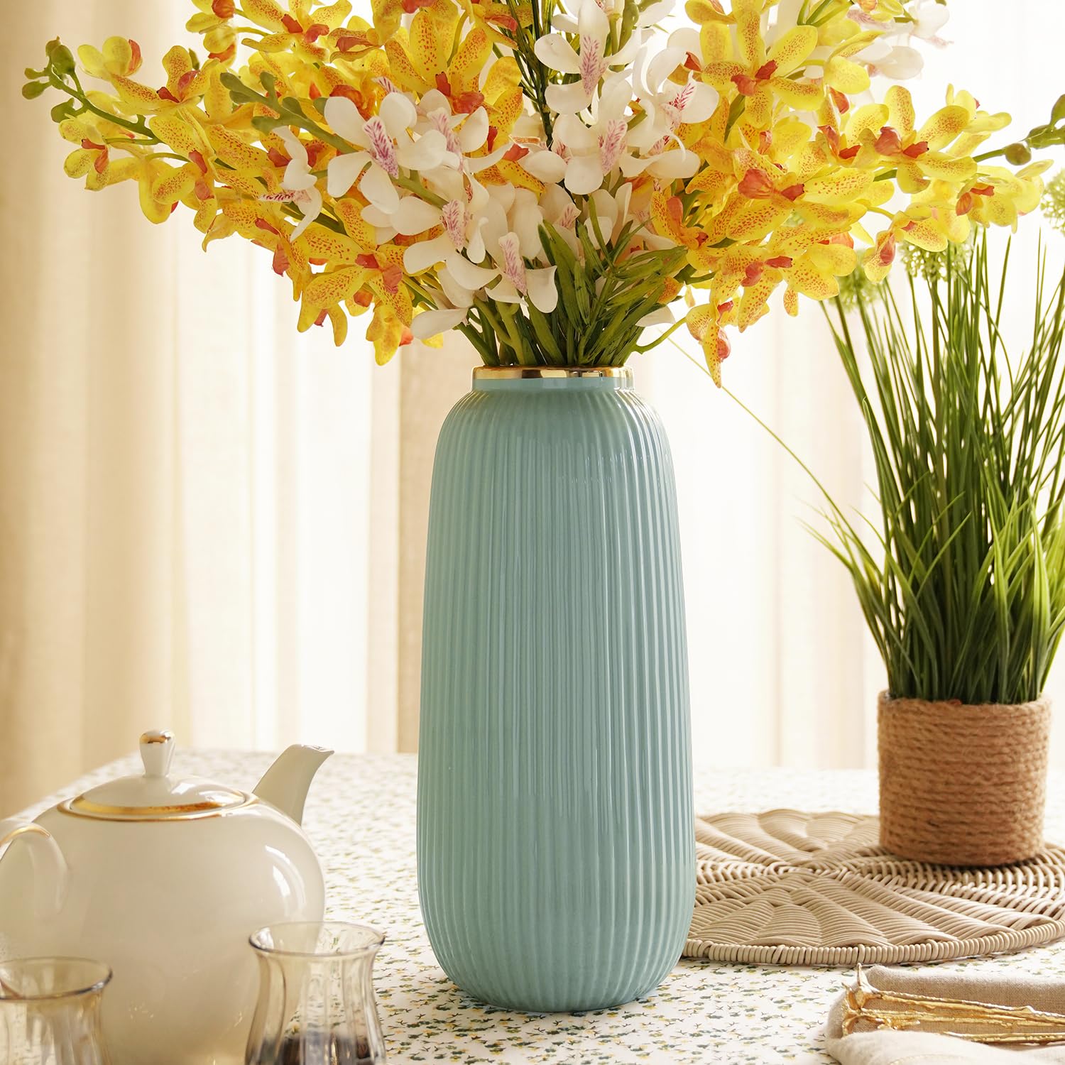 Pure Home Living Light Blue Ribbed Ceramic Vase Large - Walmart.com