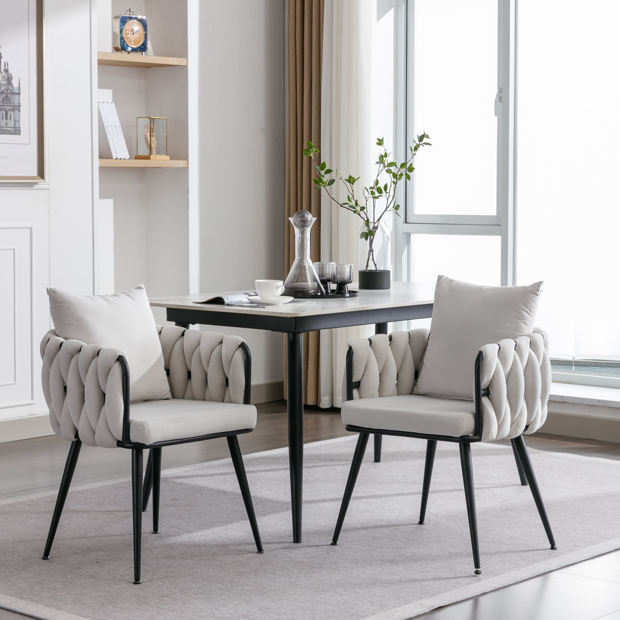 Pure Ivory Modern Velvet Dining Chairs Set of 2 Hand Weaving Accent ...