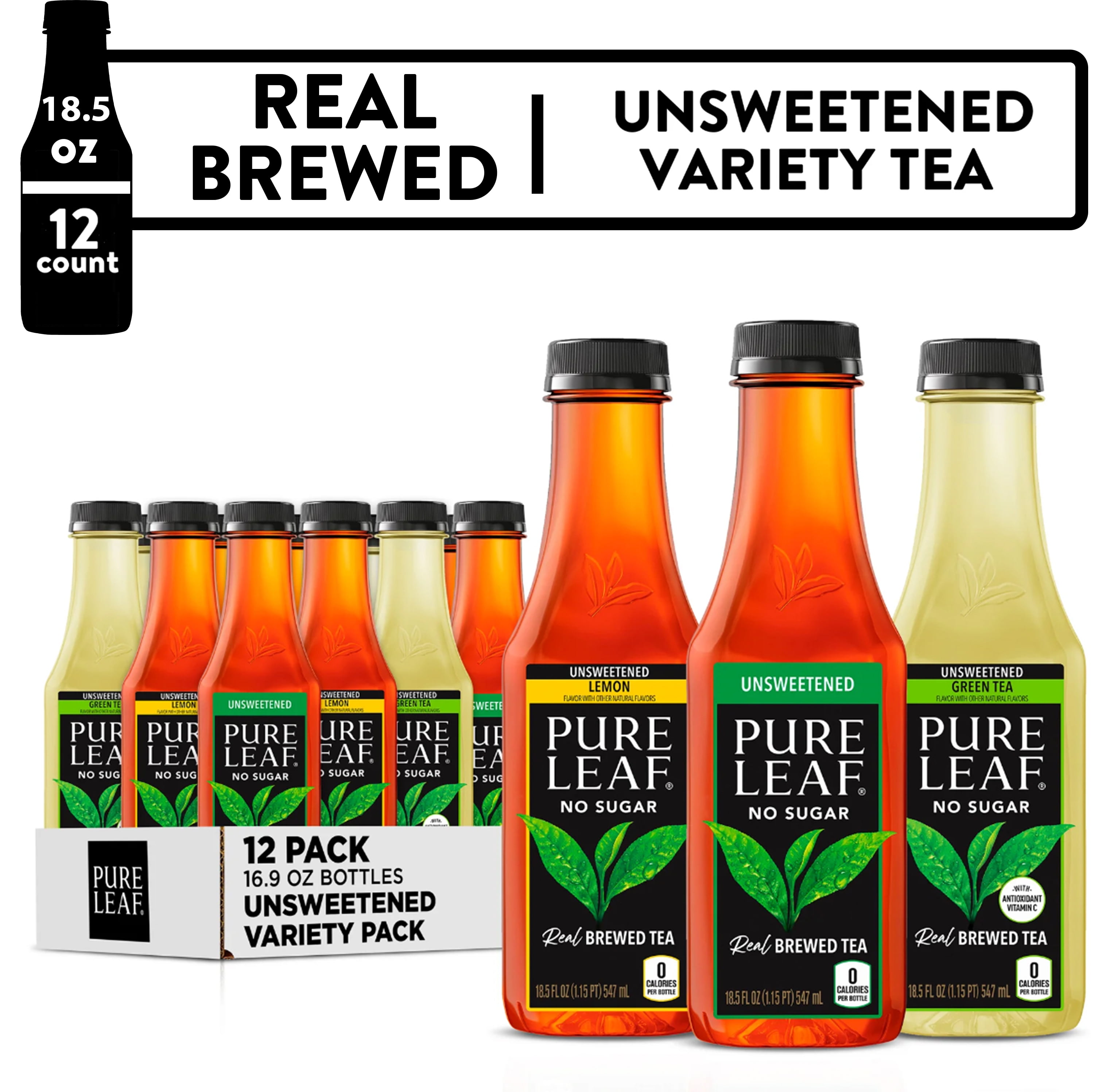 Pure Leaf Unsweetened Real Brewed Iced Tea Variety Pack, Bottled Tea ...
