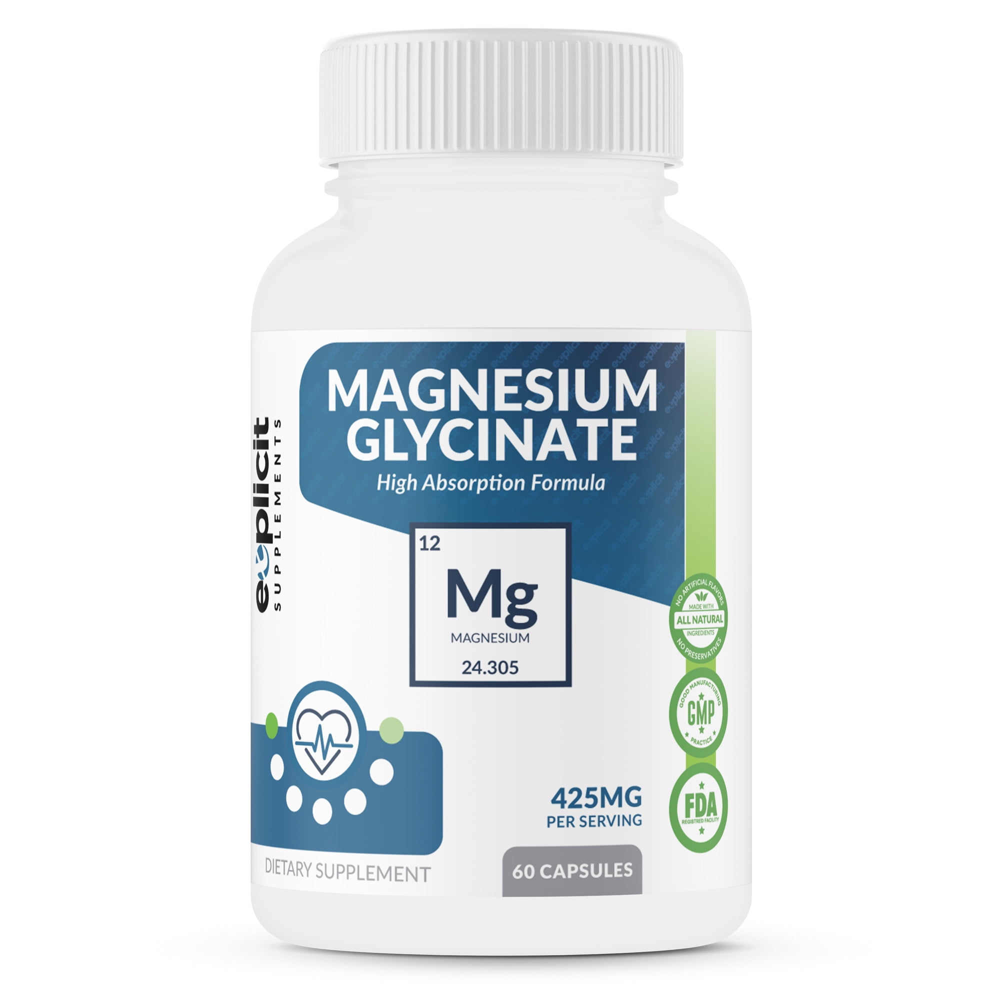 Pure Magnesium Glycinate 425mg - Maximum Absorption, 100% Chelated, 60 ...