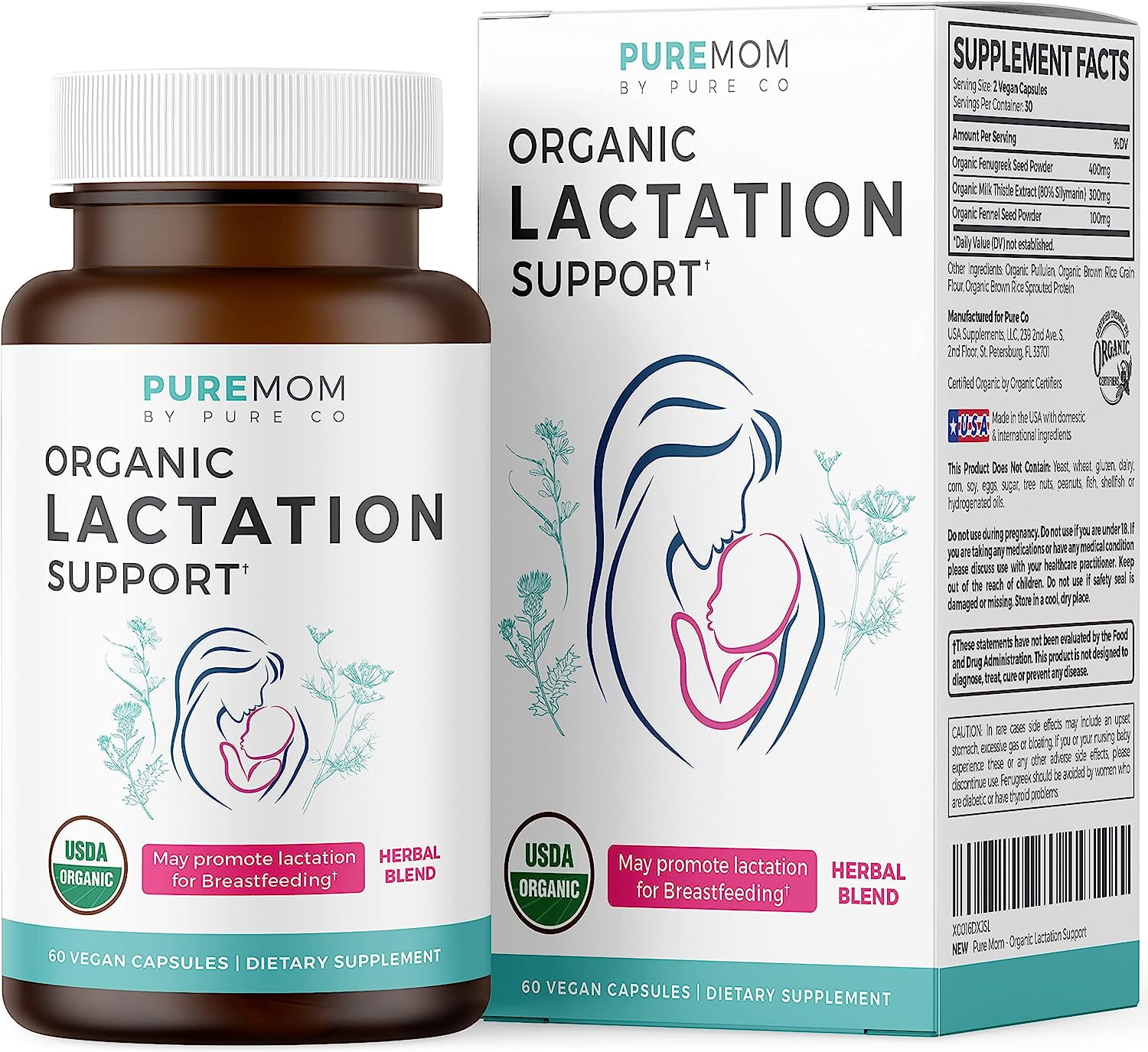 Pure Mom Organic Lactation Supplement with Milk Thistle, Fenugreek ...