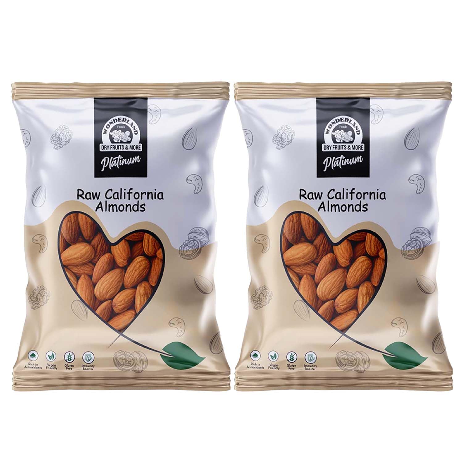 Pure Natural Platinum Raw California Almonds By Wonderland Foods 1kg, (500gm * Pack Of 2 ...