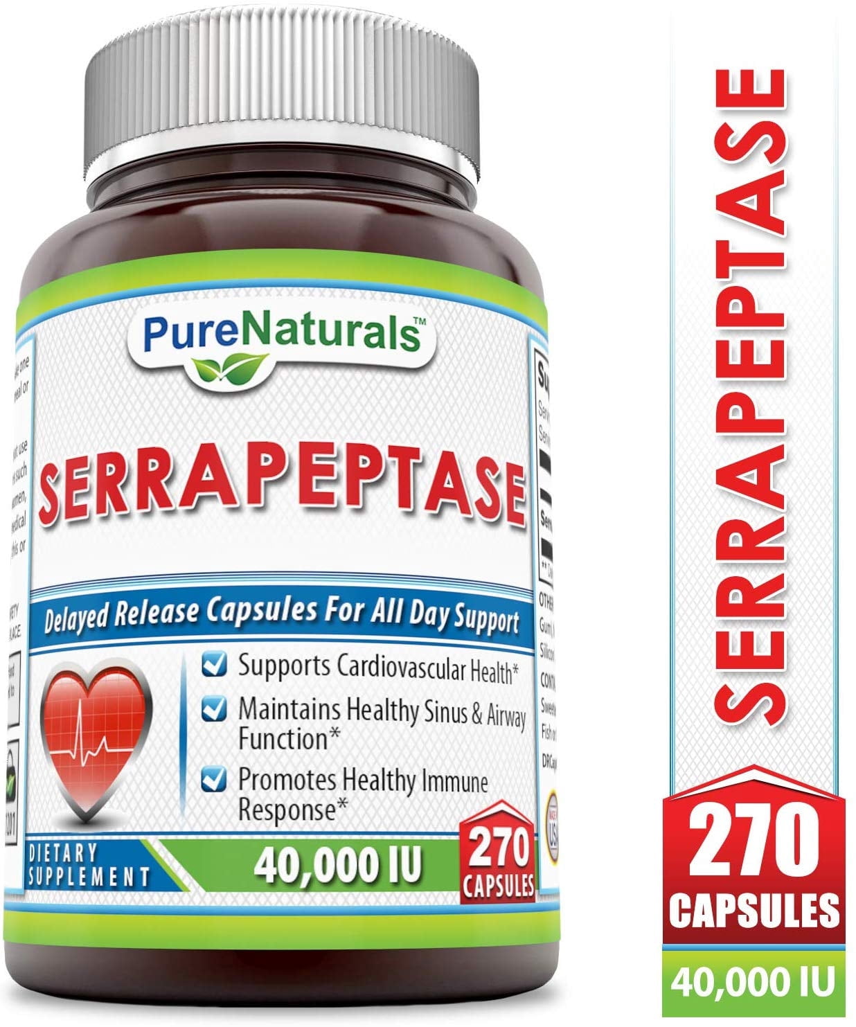 Pure Naturals Serrapeptase 40,000 IU 270 Veggie Capsules Supplement ...