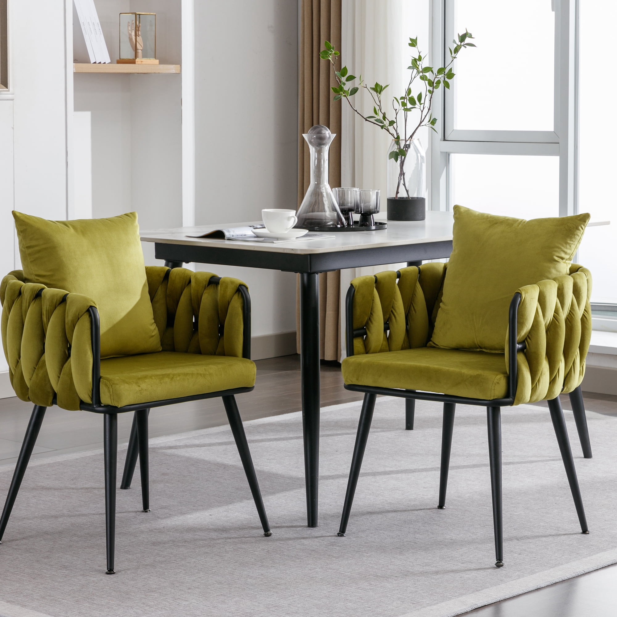 Pure Olive Modern Velvet Dining Chairs Set of 2 Hand Weaving Accent ...